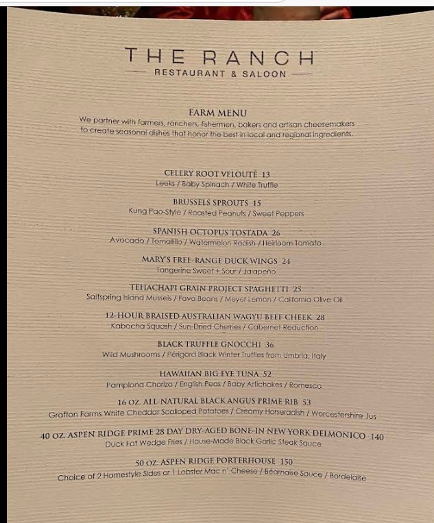 THE RANCH Restaurant Menu – Farm-Fresh Steaks, Seafood & Seasonal ...
